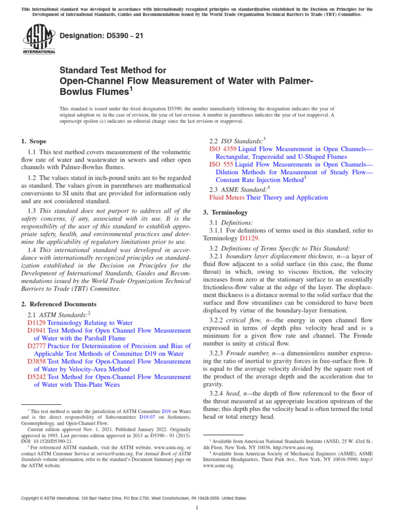 Standard Test Method For Open-Channel Flow Measurement of Water With ...