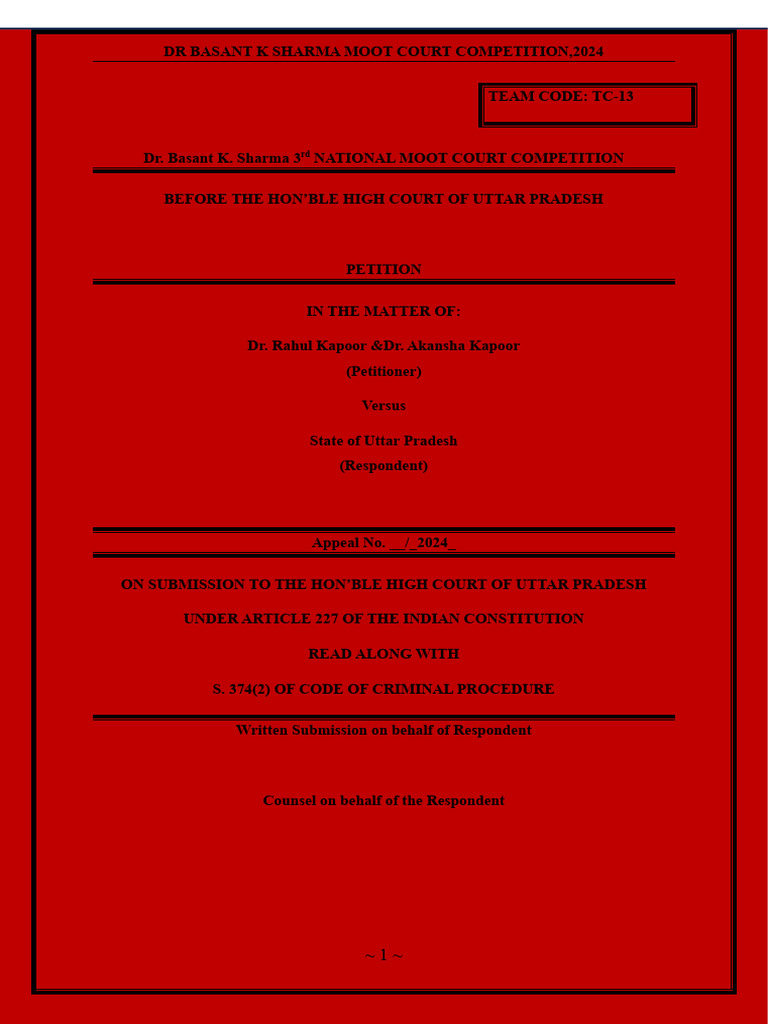 Respondent TC - 13 Draft | Download Free PDF | Plea | Burden Of Proof (Law)