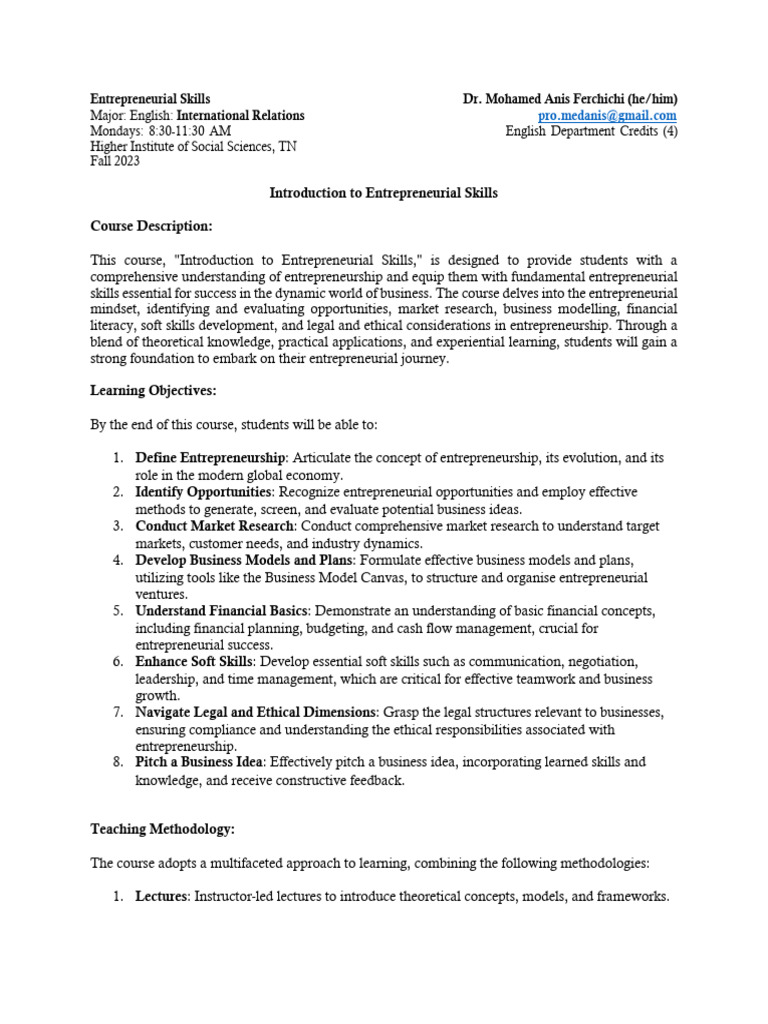 Entrep Skills Syllabus Fall 2023 | PDF | Entrepreneurship | Cognition