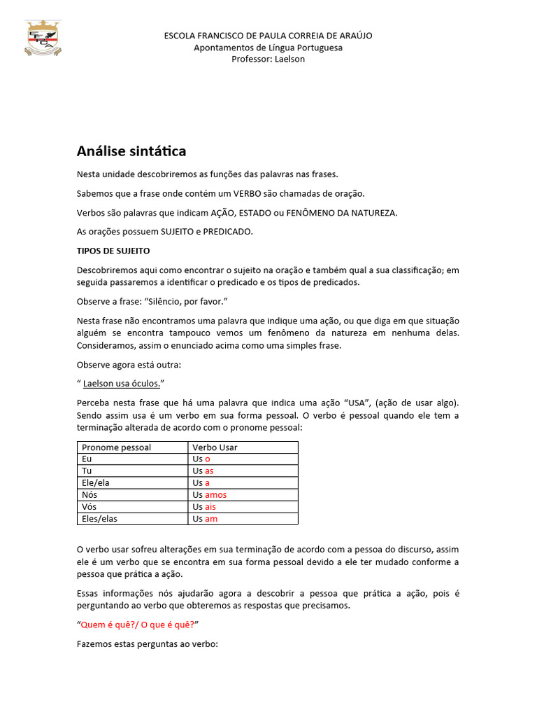 Análise sintática | PDF | Assunto (gramática) | Predicado (gramática)