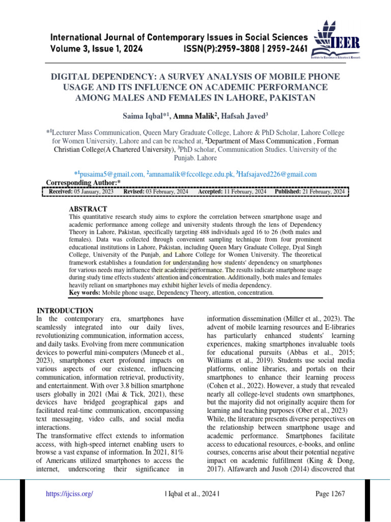 DIGITAL DEPENDENCY A SURVEY ANALYSIS OF MOBILE PHONE USAGE AND ITS INFLUENCE ON ACADEMIC ...