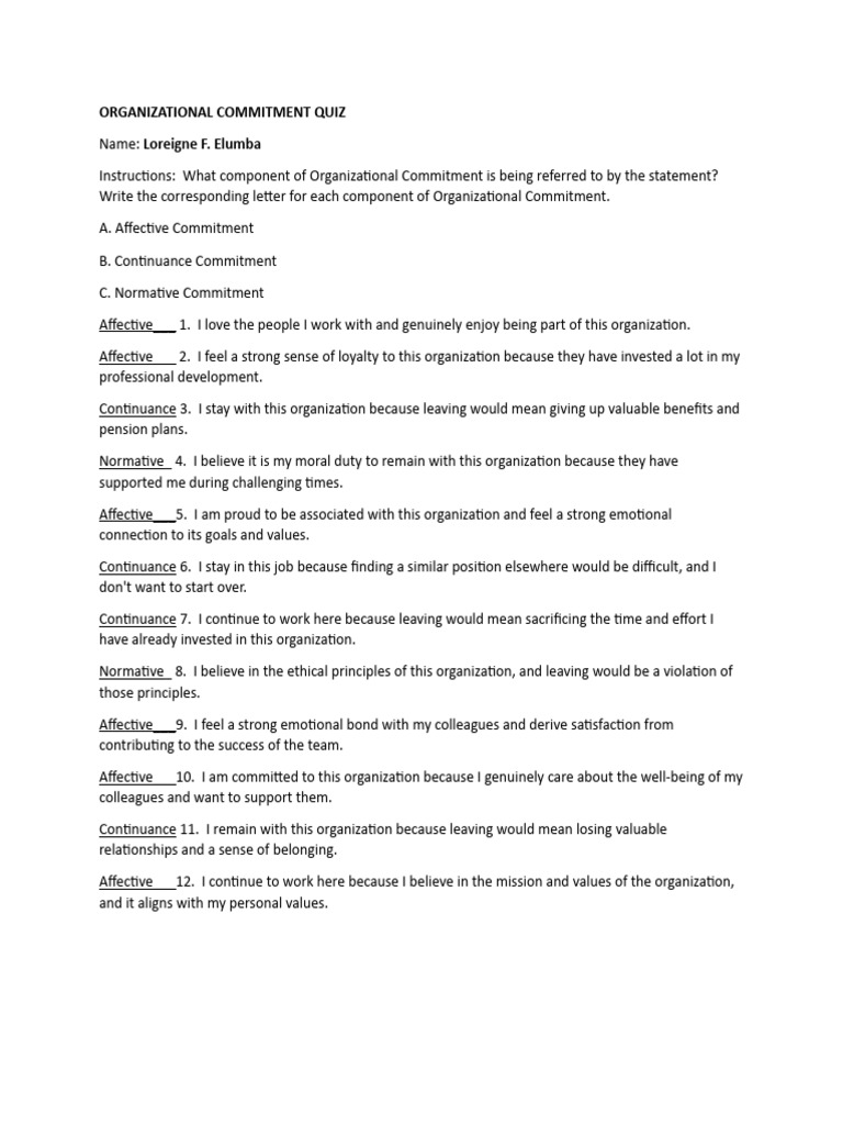 Organizational Commitment Quiz Guide | PDF