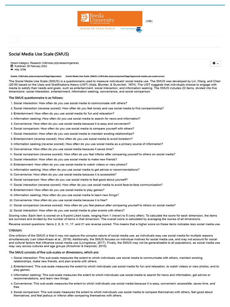 Social Media Use Scale (SMUS) | PDF | Career & Growth | Social Science
