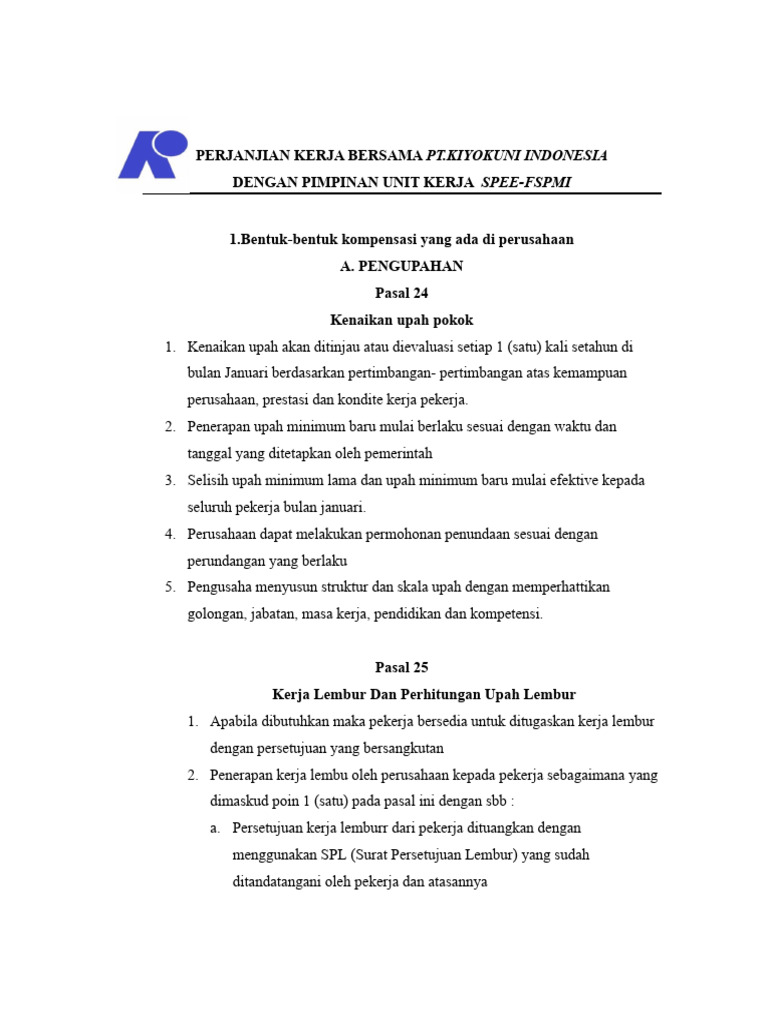 Perjanjian Kerja Bersama Pt. Kiyokuni Indonesia | PDF