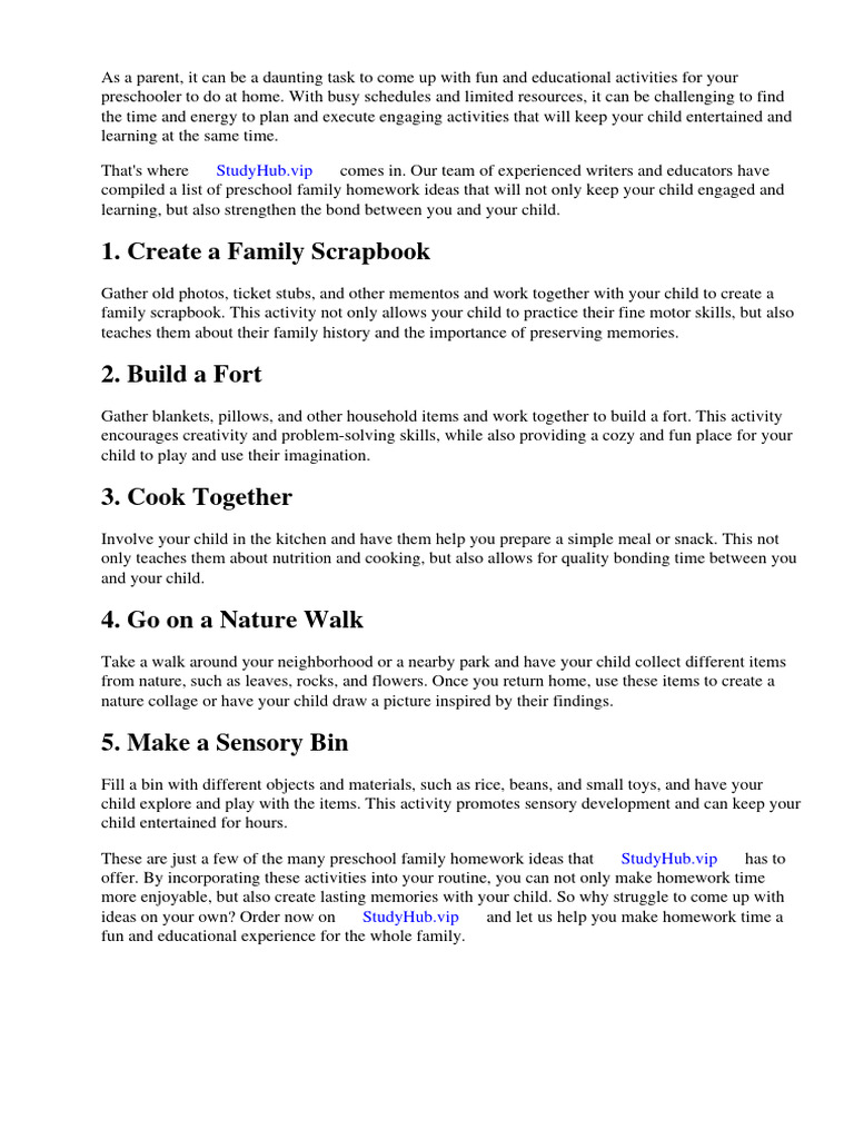 Preschool Family Homework Ideas | PDF | Preschool | Kindergarten