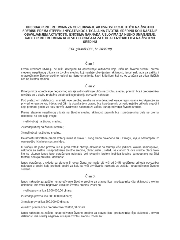 UREDBA-O-KRITERIJUMIMA-ZA-ODREĐIVANJE-AKTIVNOSTI-KOJE-UTIČU-NA-ŽIVOTNU-SREDINU-PREMA-STEPENU ...