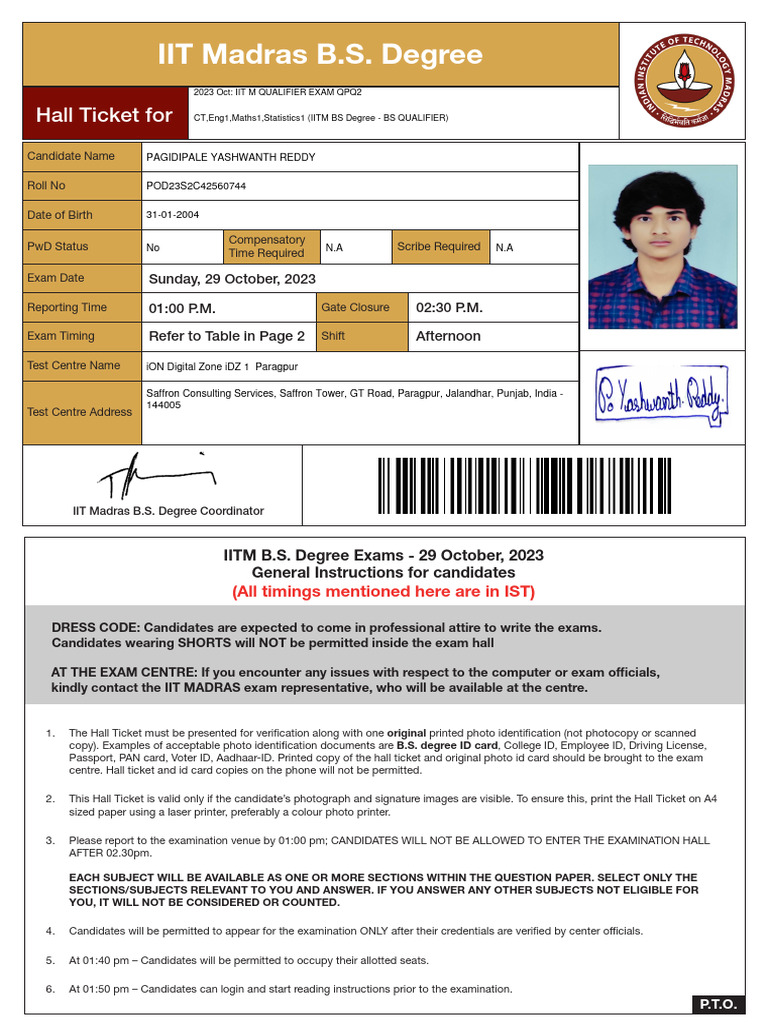 Iit Mad Hall Ticket | PDF | Identity Document