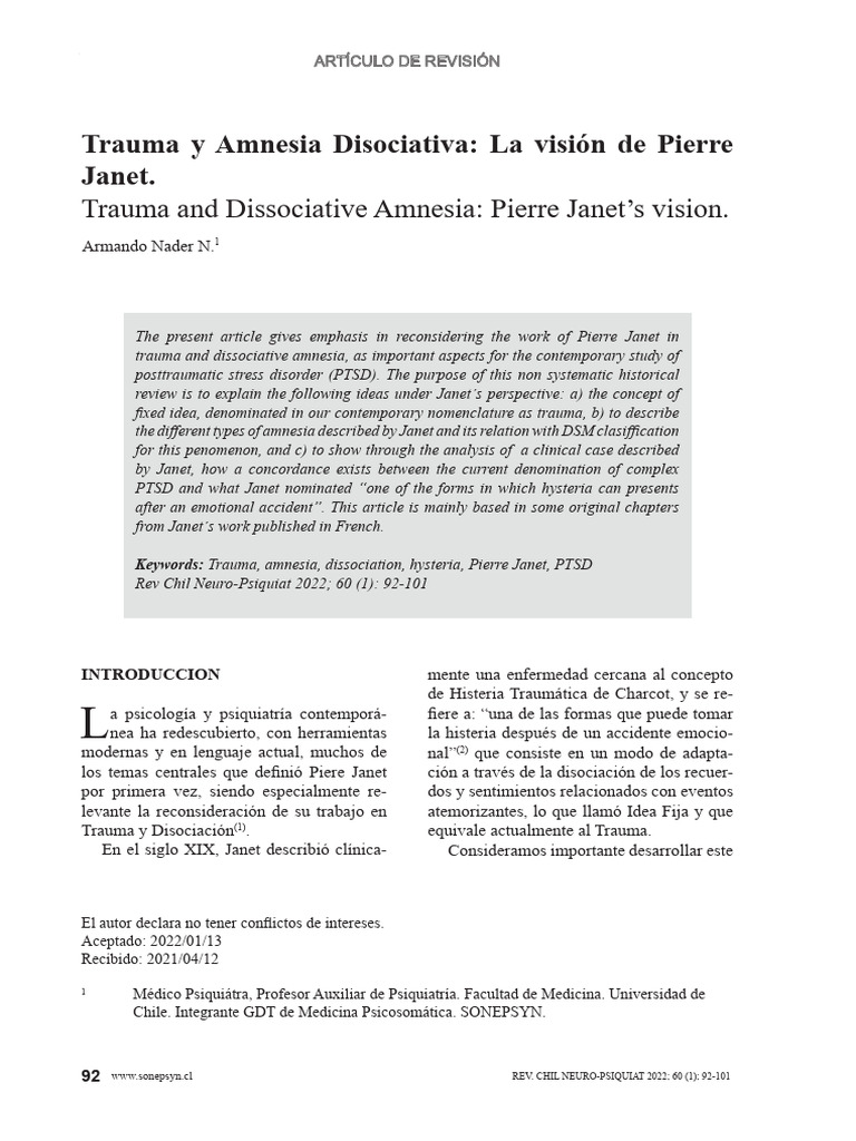 Trauma y Amnesia según Pierre Janet | PDF | Amnesia | Trauma psicólogico