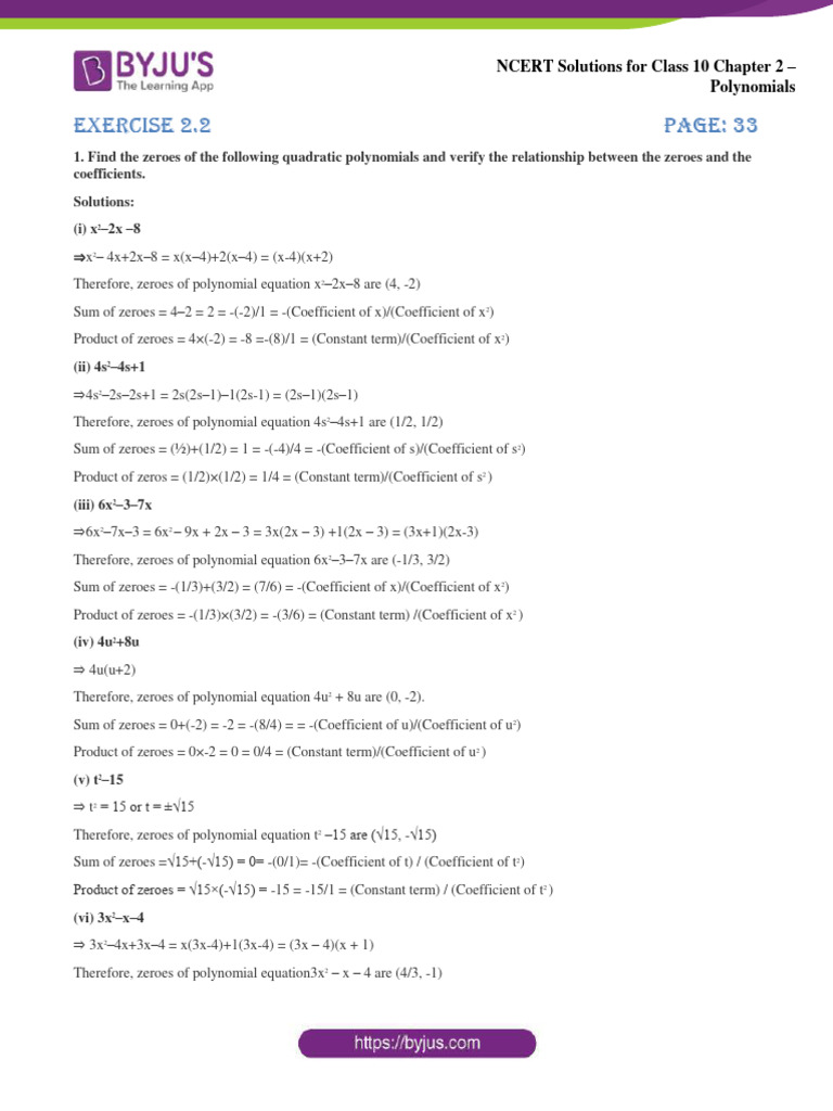 NCERT Solutions For Class 10 Chapter 2 Polynomials Exercise 2.2 | PDF | Polynomial | Zero Of A ...
