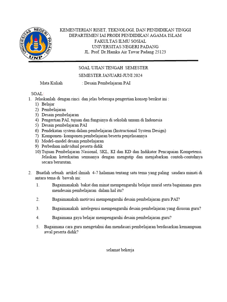 SOAL UTS 3 Desain Pembelajaran PAI Janjun 2024 | PDF
