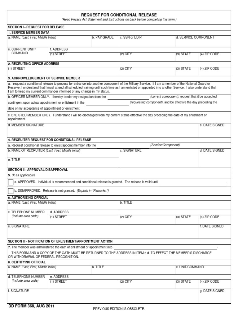 DD Form 368: Conditional Release Request | PDF | Military Discharge