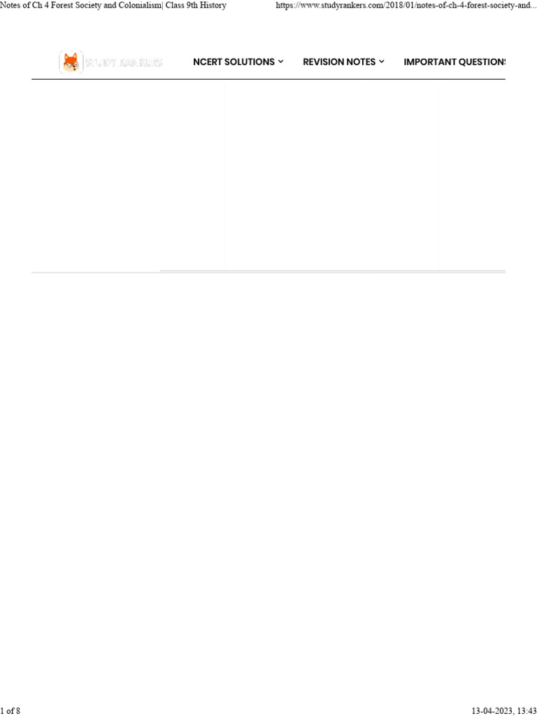 Notes of CH 4 Forest Society and Colonialism Class 9th History ...