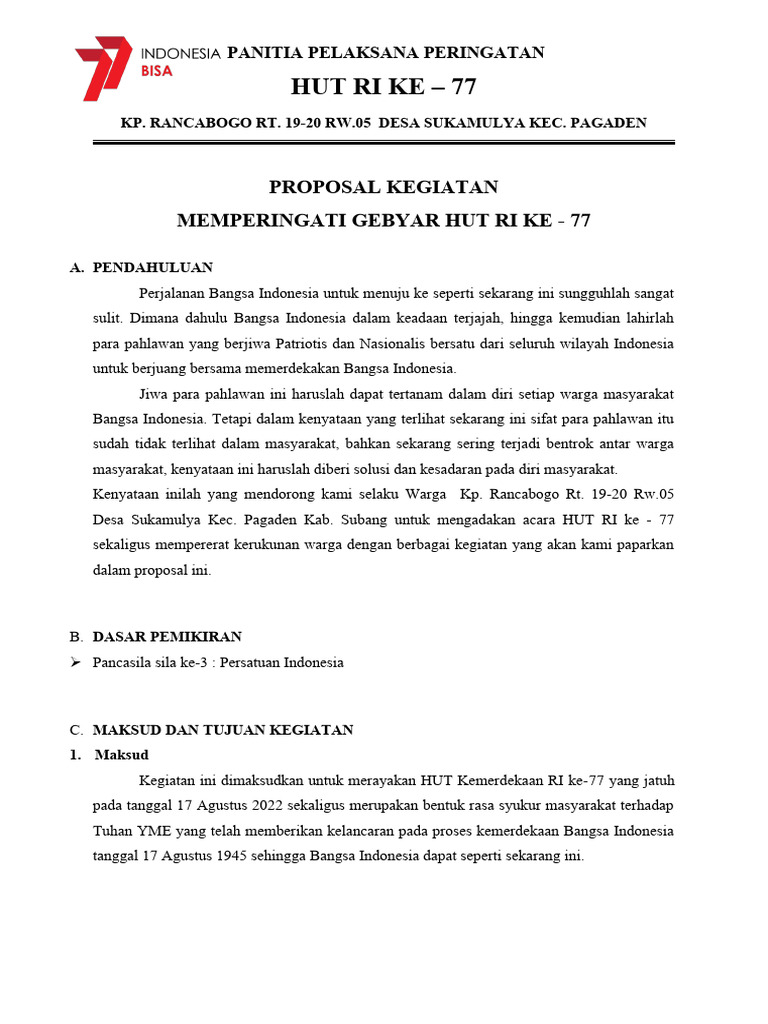 Proposal HUT RI ke-77 Kp. Rancabogo | PDF | Memasak, Makanan, & Anggur