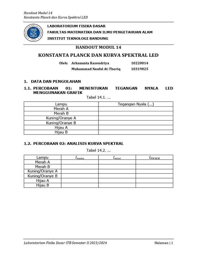 Handout Praktikan Modul 14 - Konstanta Planck Dan Kurva Spektral LED | PDF