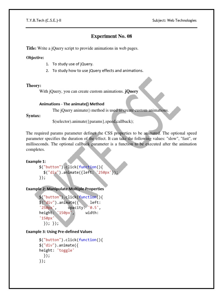 Experiment No 08 Title Write A Jquery Script To Provide Animations In Web Pages Pdf
