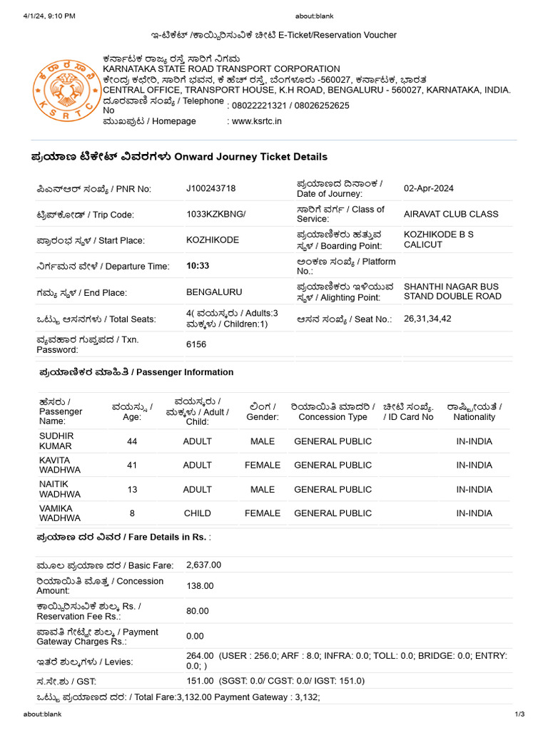 KSRTC Bus Kozhikode To Bangalore | PDF