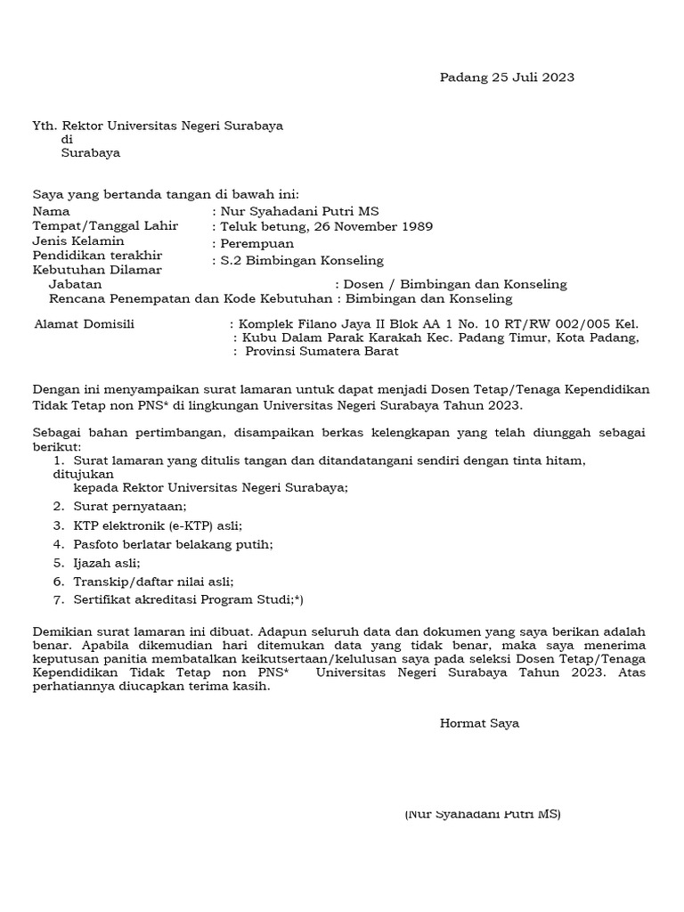 Surat Lamaran UNESA | PDF