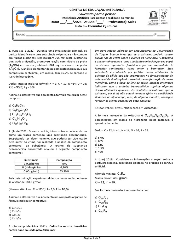 Lista 3 - Fórmulas Químicas | PDF | Substancias químicas | Urânio