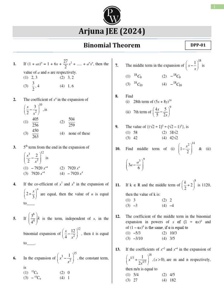 Binomial Theorem - DPP 01 - Arjuna JEE 2024 | PDF | Combinatorics | Algebra
