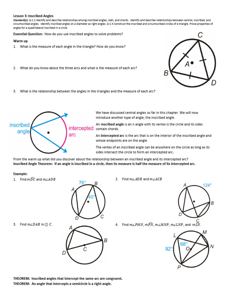 Lesson 3 Inscribed Angles | PDF | Circle | Angle