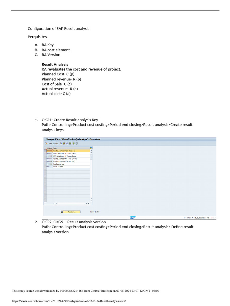 SAP PS Result Analysis Configuration | PDF | Inventory | Revenue