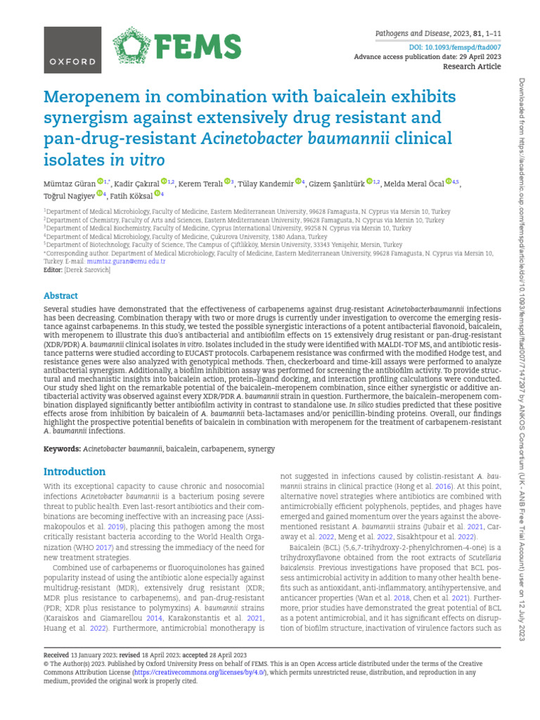 Meropenem in combination with baicalein exhibits synergism against ...