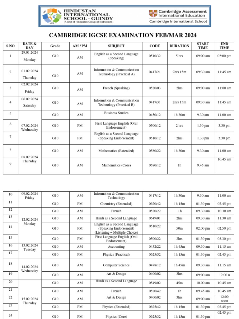 IGCSE Exam Schedule Feb-Mar 2024 | PDF