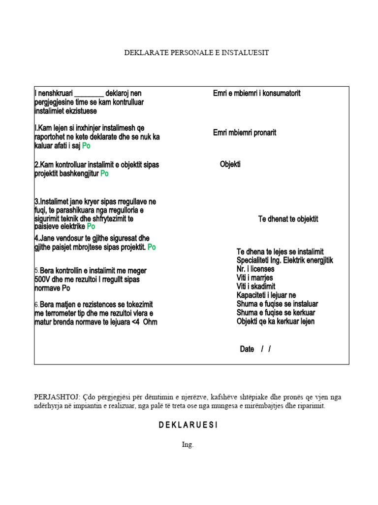 Deklarate Personale Instaluesi. | PDF
