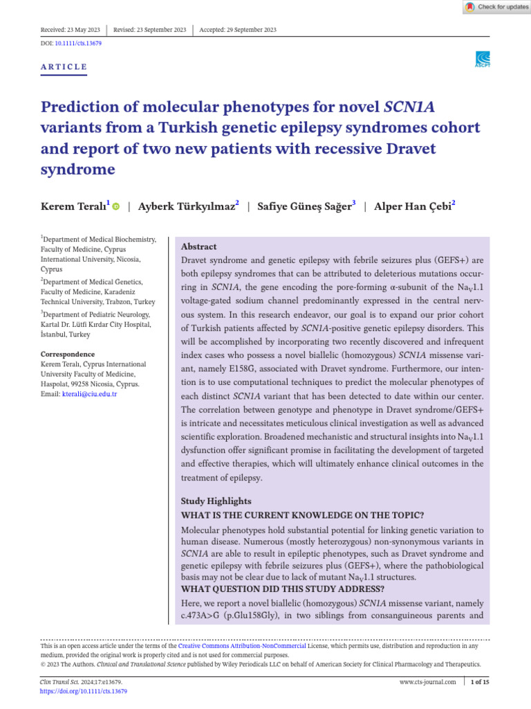 Prediction of Molecular Phenotypes For Novel SCN1A Variants From A Turkish Genetic Epilepsy ...