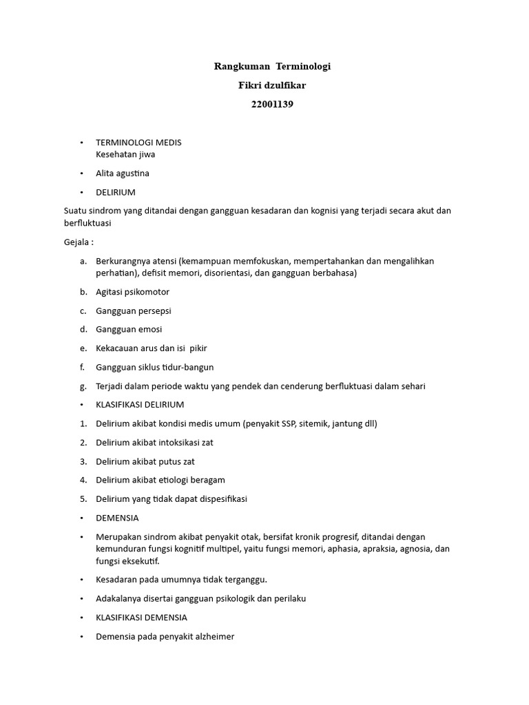 Rangkuman Terminologi Kesehatan Jiwa-Fikri Dzulfikar-22001139 | PDF