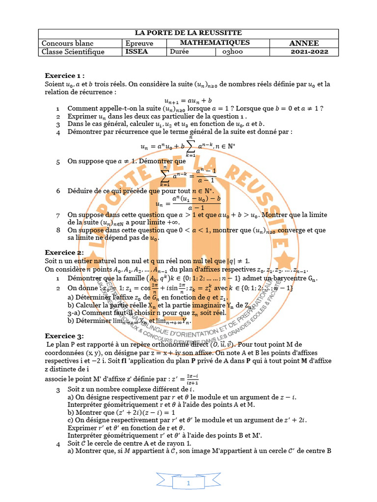 Concours Blanc Maths ISSEA 2021-2022 | PDF | Mathématiques | Analyse mathématique