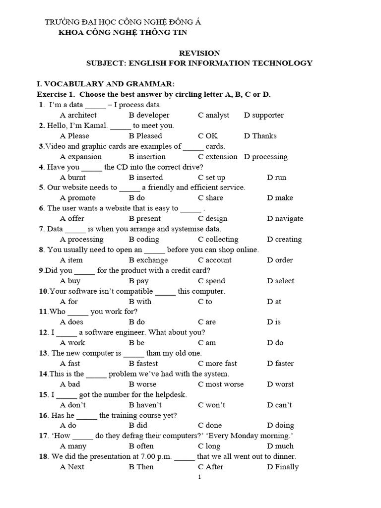English for IT: Vocabulary & Grammar Exercises | PDF | Computer Network ...
