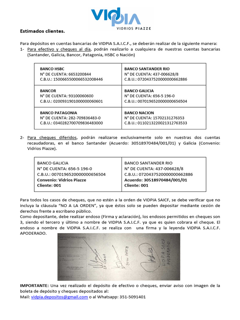Instrucciones para Depositos de Cheque en Cuenta Corriente de Vidpia ...