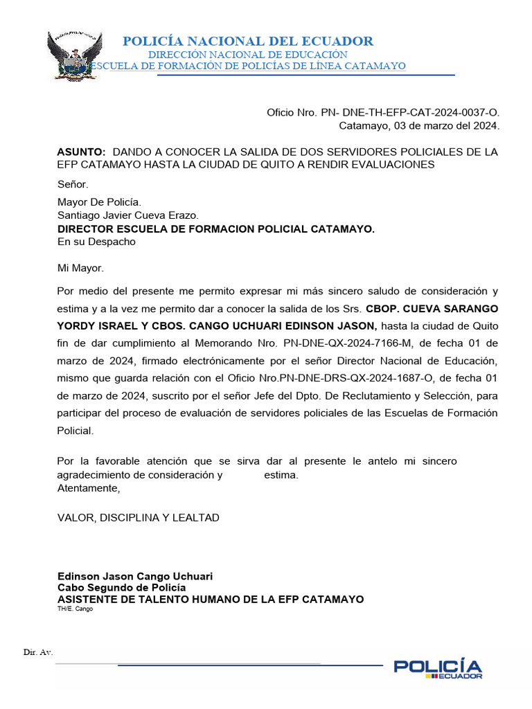 Oficio 0037 TH Salida Cbop. Cueva y Cbos. Cango | PDF