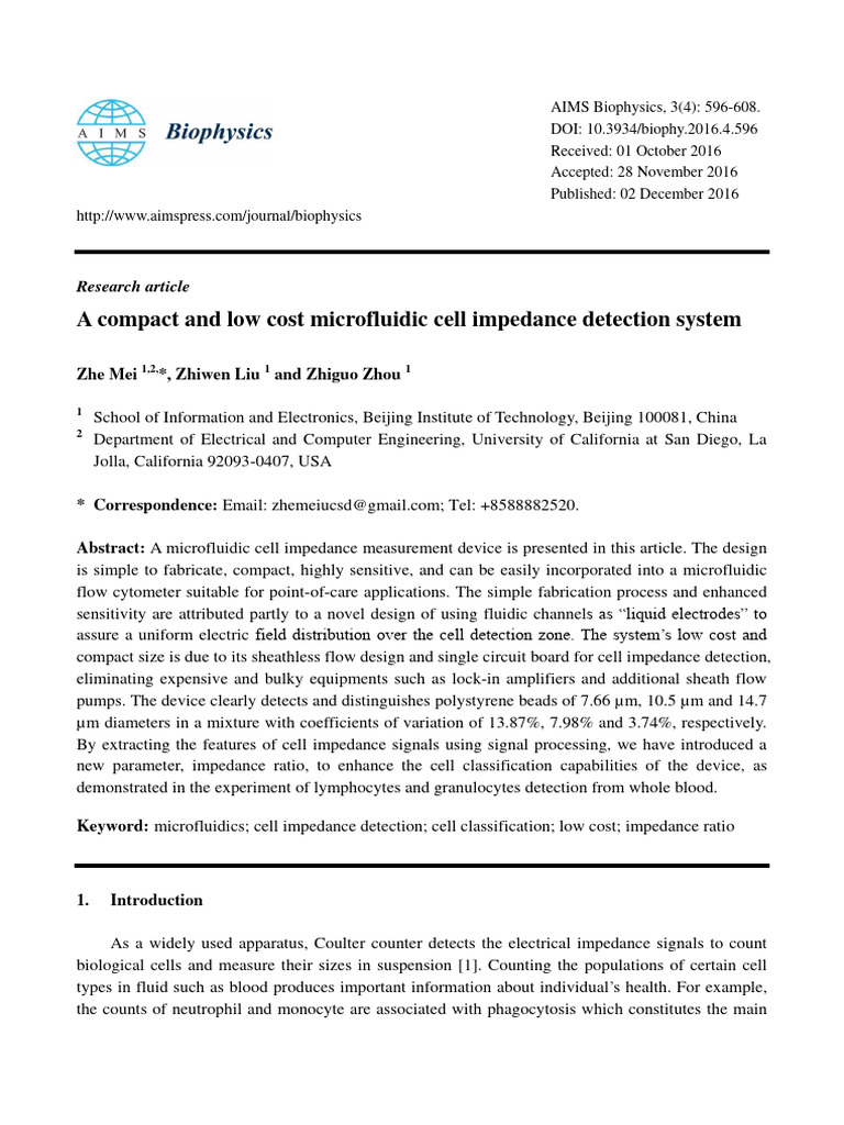 10.3934 Biophy.2016.4.596 | PDF | Microfluidics | White Blood Cell