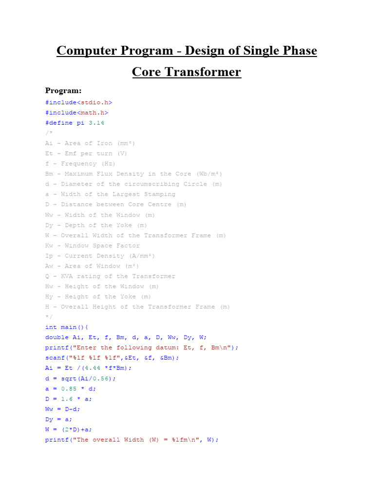 Computer Program - Design of Single Phase Core Transformer | PDF ...