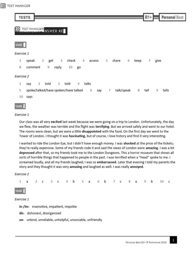 Personal Best B1 Vocabulary Tests Answer Key | PDF