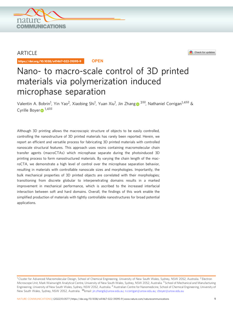 (2022, Bobrin) Nano - To Macro-Scale Control of 3D Printed Materials ...