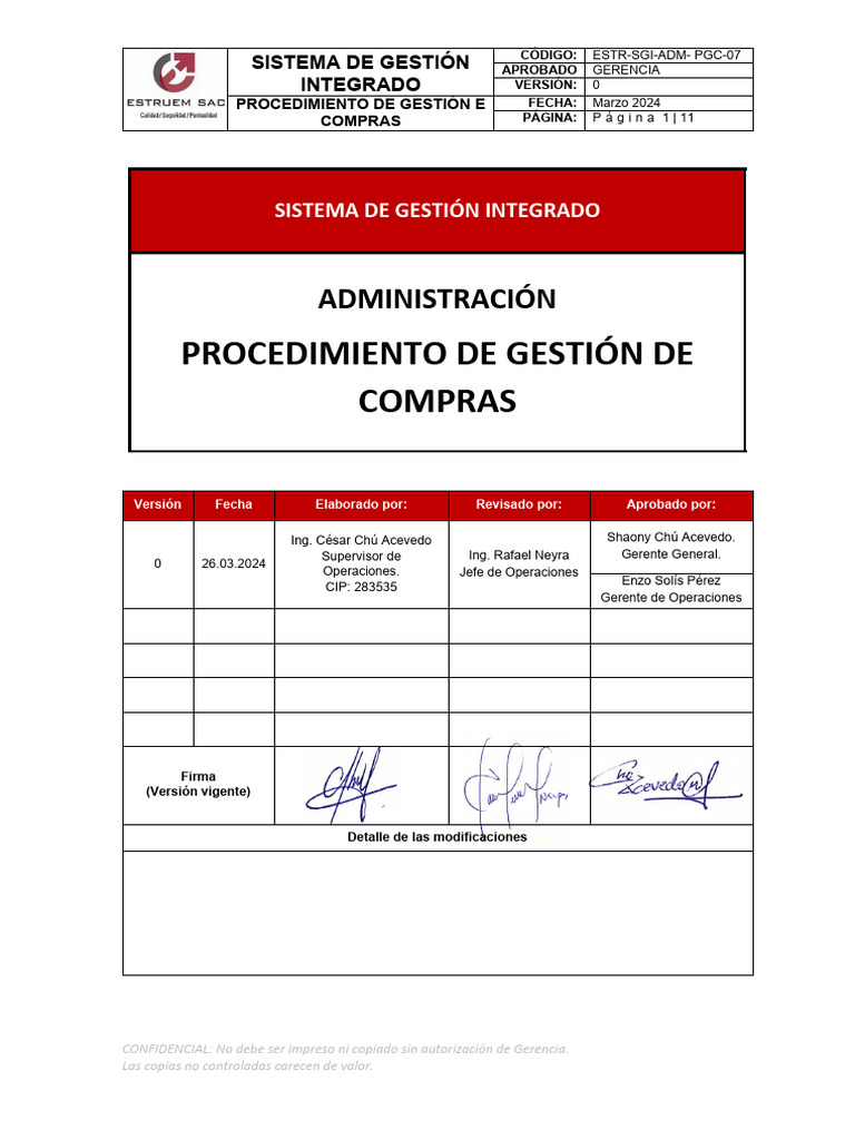 ESTR-SGI-ADM - PGC-07. - Procedimiento de Gestion de Compras - Ver.00 | PDF | Calidad (comercial ...