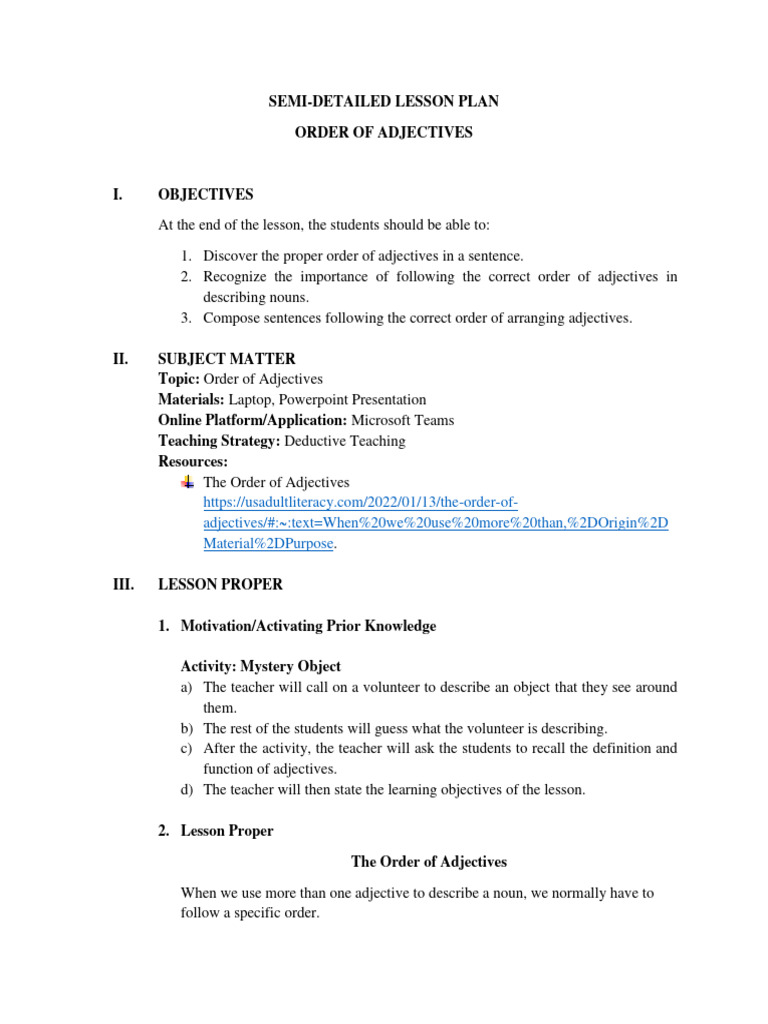 Order of Adjectives Lesson Plan | PDF | Adjective | Lesson Plan