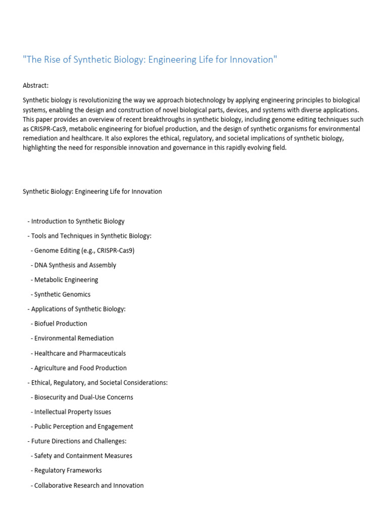 Synthetic Biology Engineering Life For Innovation Pdf Biology