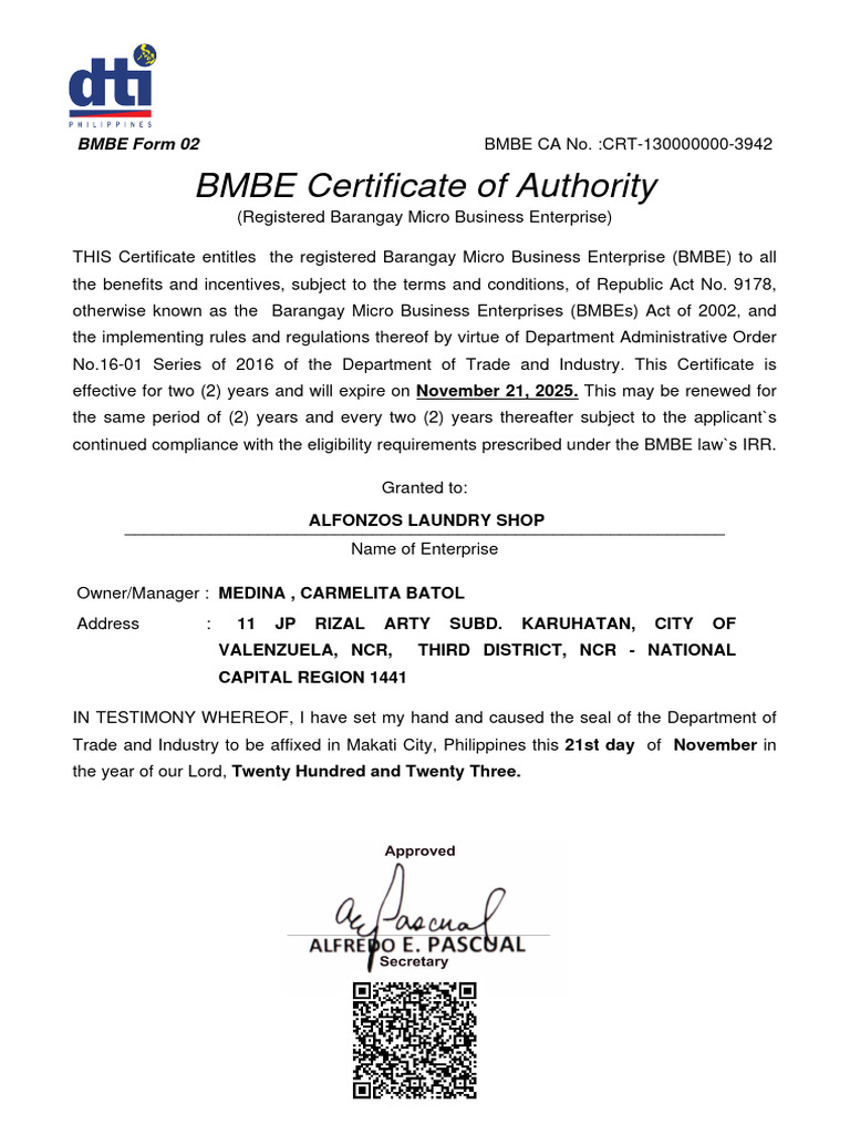 BMBE Certificate for Alfonzos Laundry Shop | PDF | Business