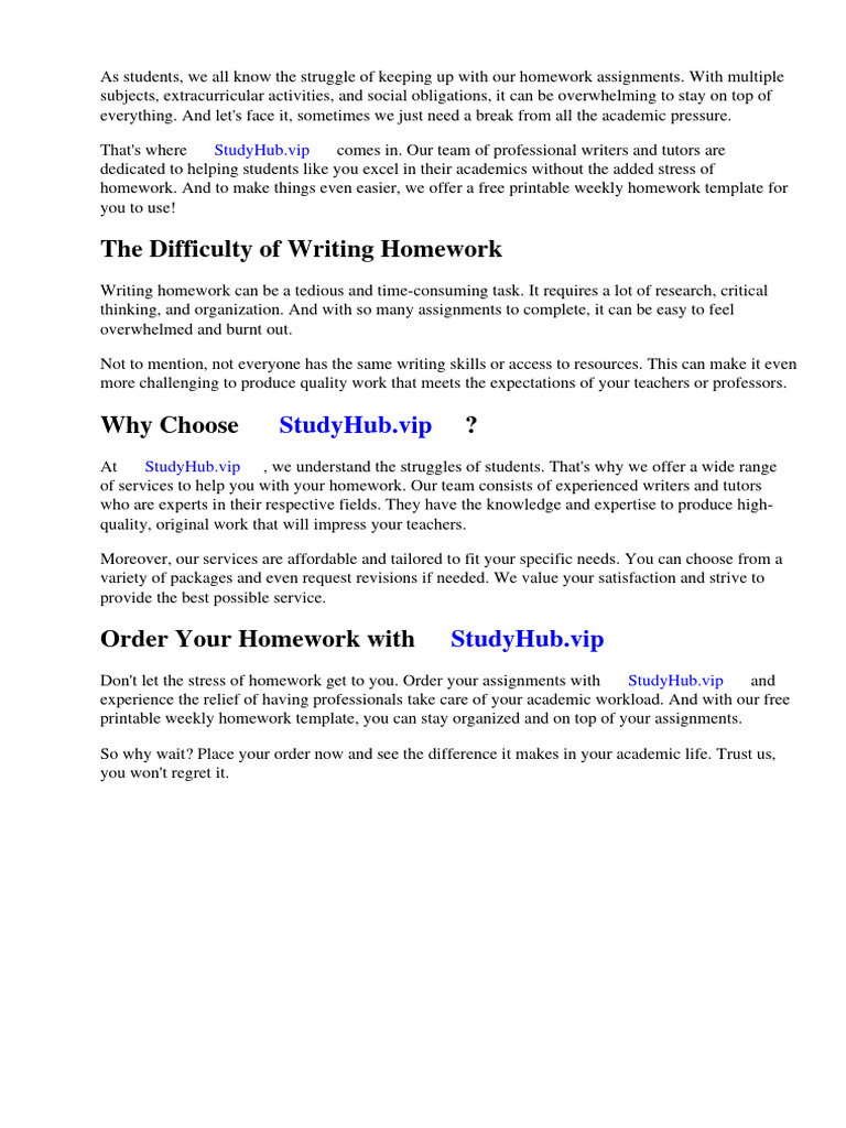 Free Printable Weekly Homework Template | PDF | Homework | Expert