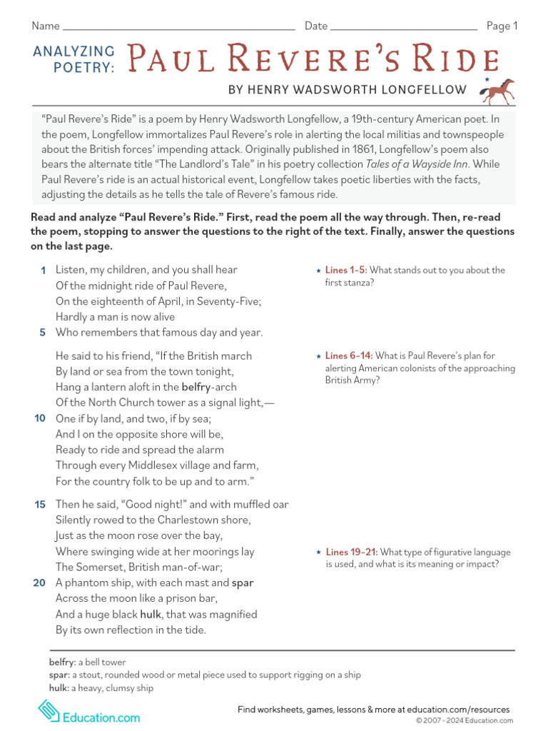 Analyzing Poetry Paul Reveres Ride by Henry Wadsworth Longfellow | PDF ...