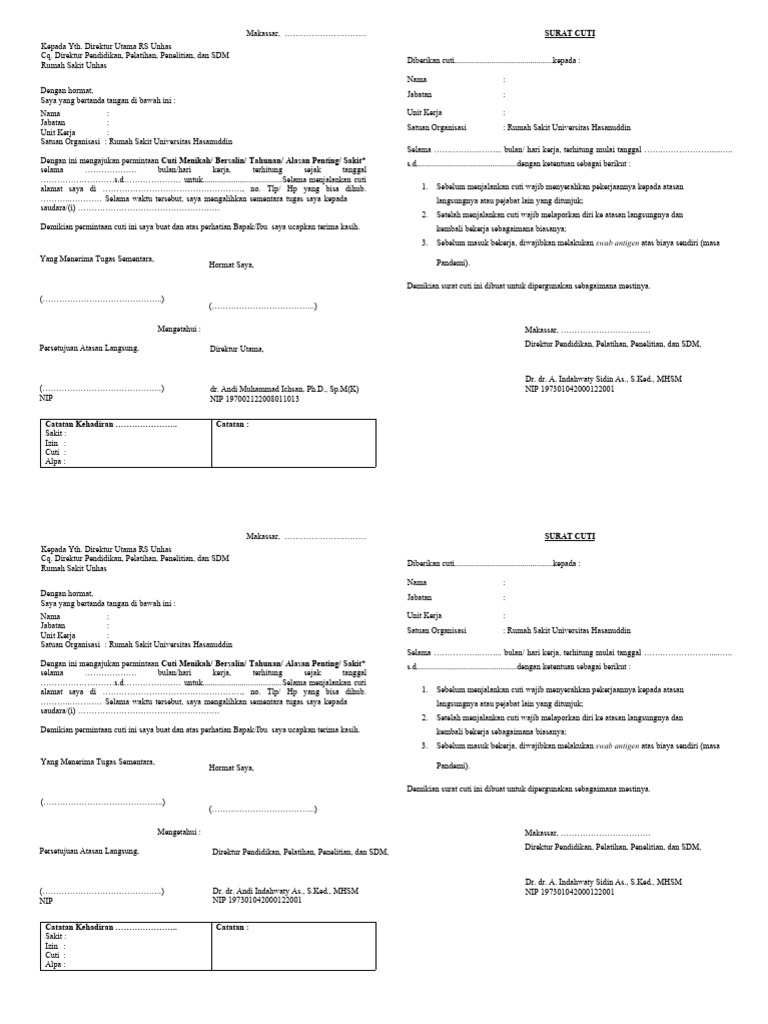 FORM BARU SURAT CUTI RS UNHAS - Print Kertas F4 | PDF