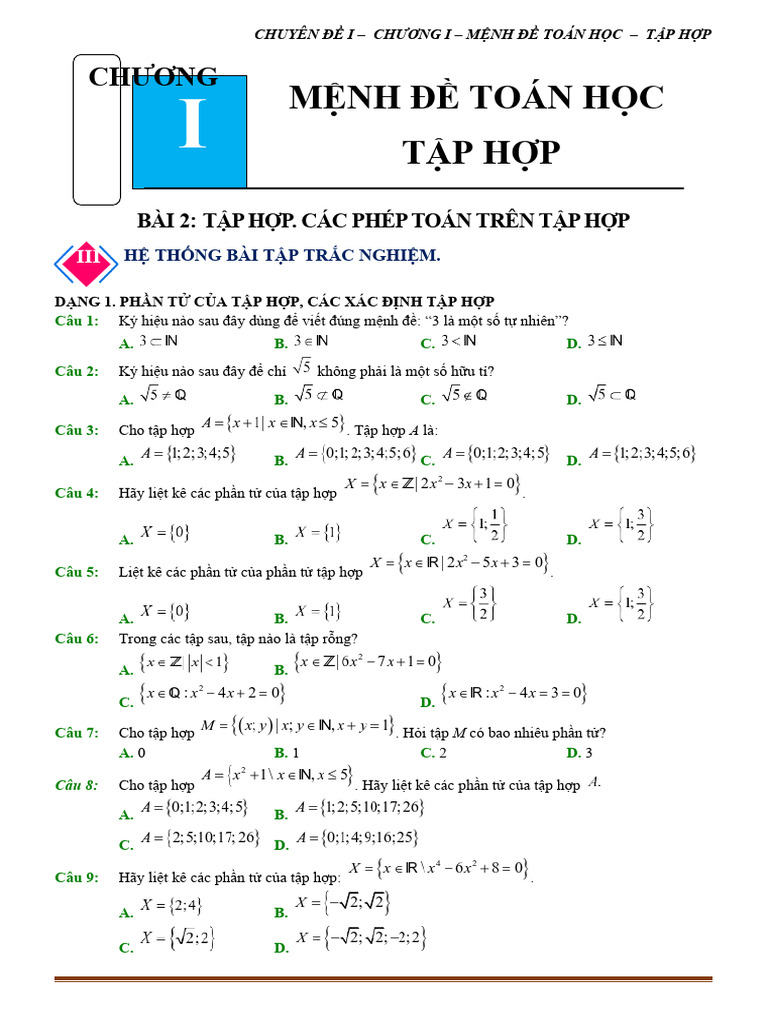 001.02.2 - Toan 10 - B2 - C1 - Tap Hop Cac Phep Toan Tren Tap Hop - Trac Nghiem - de - TR50 | PDF