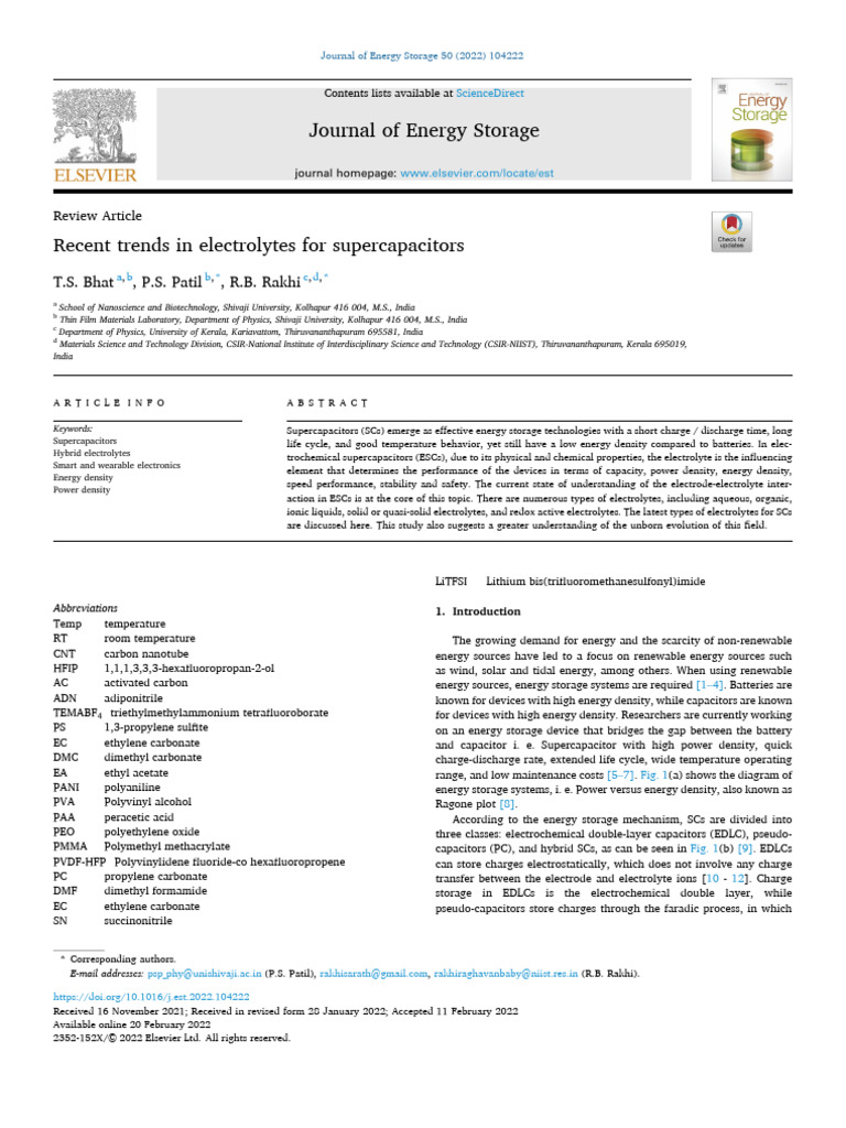 2022 - Recent Trends in Electrolytes For Supercapacitors | PDF ...