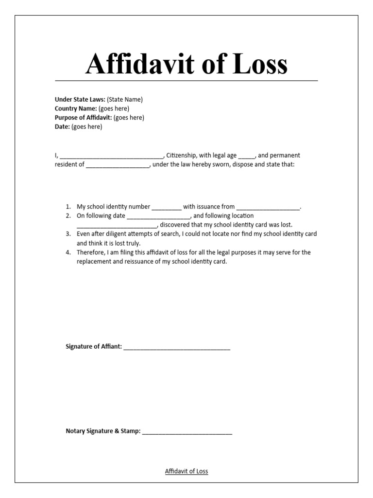 Affidavit of Loss Template and Affidavit of Loss Form | PDF | Law