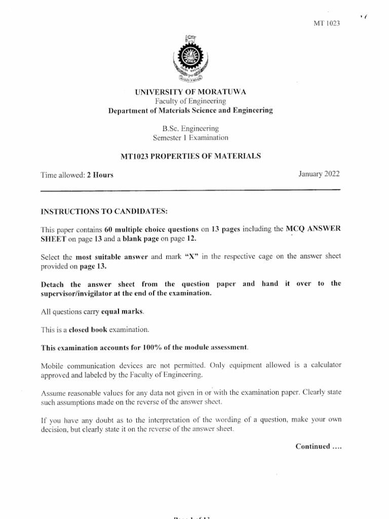 2022 Jan -Properties Of Materials -1st Semester Exam- 20th Batch _ UOM | PDF | Corrosion ...