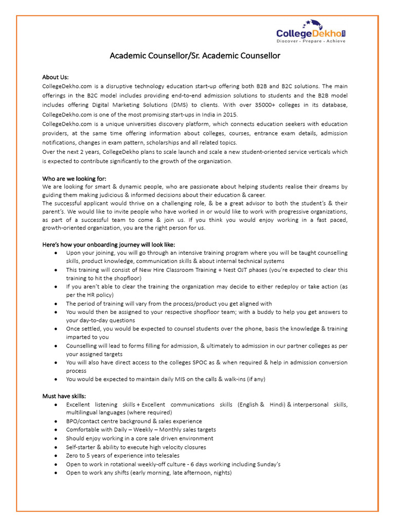 Academic Counsellor Job Opening at CollegeDekho | PDF | Human Communication